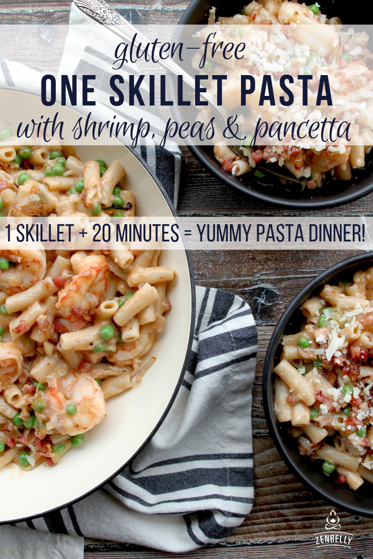 one skillet pasta with shrimp peas and pancetta