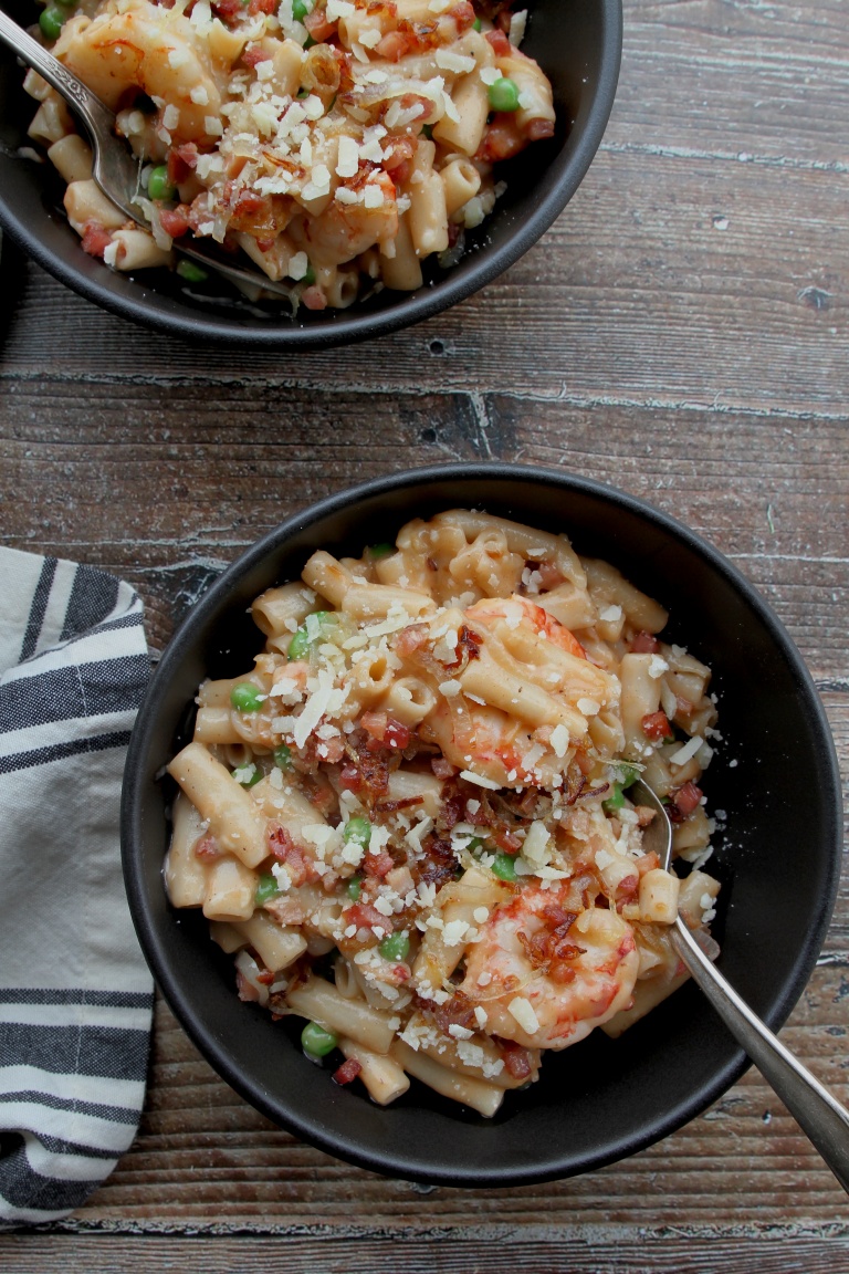 one skillet pasta with shrimp peas and pancetta