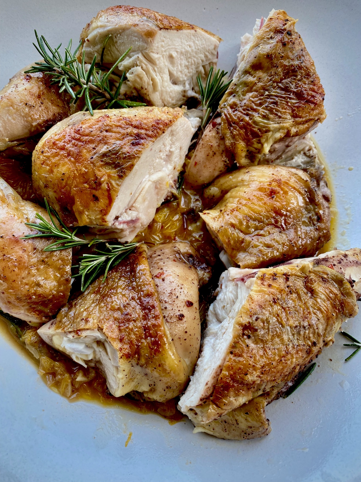 brick chicken with orange + rosemary